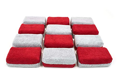 Autofiber Thick [Saver Applicator Terry] Ceramic Coating Applicator Sponge | 12 Pack | with Plastic Barrier to Reduce Product Waste. (Red/Gray)