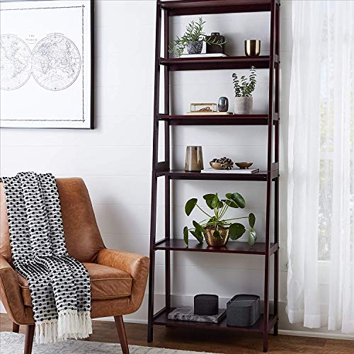 PJ Wood 5 Tier Bookshelf Ladder Shelf Bookcase with Storage Shelves, Multifunctional Storage Rack - Walnut