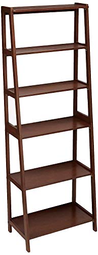 PJ Wood 5 Tier Bookshelf Ladder Shelf Bookcase with Storage Shelves, Multifunctional Storage Rack - Walnut