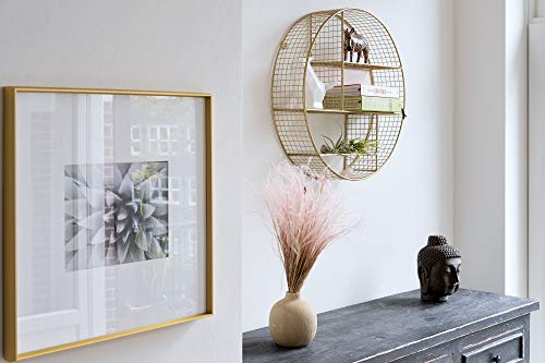 kimisty Gold Round Wall Shelf, 20 Inch Extra Large, Circular Bathroom, Bedroom Floating Shelves, Circle Brass Geometric Wall Art, Boho Metal Wire Mesh Sconce & Crystal Shelf