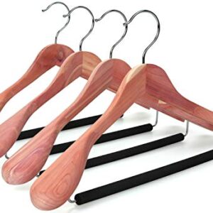 TOPIA HANGER Unfinished American Red Cedar Wood Coat Suit Hangers, Luxury Wooden Jacket Clothes Hangers, Wide Shoulder with Black Padded Pant Bar- 360°Flexible Hook, 4 Pack- Natural- CT07W