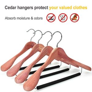 TOPIA HANGER Unfinished American Red Cedar Wood Coat Suit Hangers, Luxury Wooden Jacket Clothes Hangers, Wide Shoulder with Black Padded Pant Bar- 360°Flexible Hook, 4 Pack- Natural- CT07W