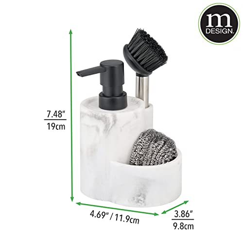 mDesign Kitchen Sink Pump and Storage Caddy Tray Set for Counter - Liquid Dish and Hand Soap Dispenser and Brush Holder Organizer Container for Sponge, Scrubber, and Accessories - Marble