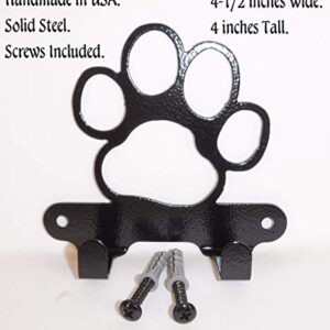 Dog Leash Hook Hanger. Dog Paw. Gloss Black Color. Made in USA. Solid Steel. Screws Included.