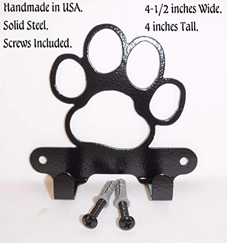 Dog Leash Hook Hanger. Dog Paw. Gloss Black Color. Made in USA. Solid Steel. Screws Included.