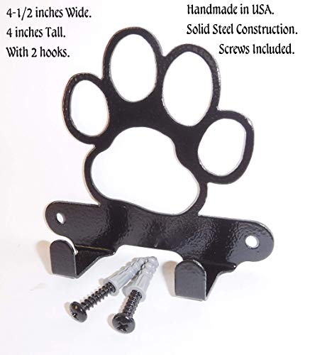 Dog Leash Hook Hanger. Dog Paw. Gloss Black Color. Made in USA. Solid Steel. Screws Included.