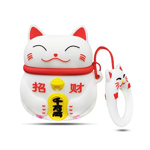 Gtinna 3D Cute Cartoon Lucky Cat Airpods Cover Soft Silicone Rechargeable Airpods Cases,AirPods Case Protective Silicone Cover and Skin for Apple Airpods 1st/2nd Charging Case (White)