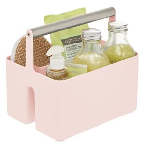 mdesign plastic shower caddy storage organizer utility tote, divided basket bin - metal handle for bathroom, dorm, kitchen, holds soap, shampoo, conditioner - aura collection - light pink/satin