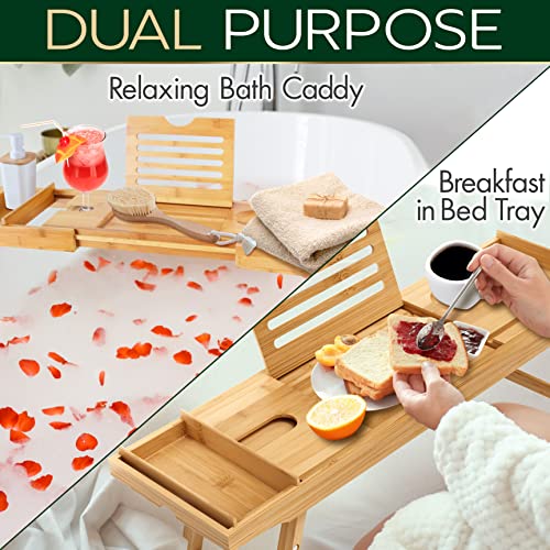 SereneLife Bath Caddy Breakfast Tray Combo - Natural Bamboo Wood Waterproof Bath Tub Caddy and Bed Tray with Folding Slide-Out Arms, Device Grooves, Wine Glass and Soap Holder SLBCAD50.5 , Brown