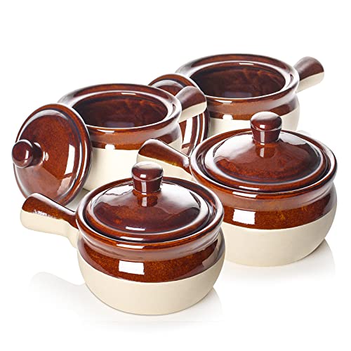 LIFVER French Onion Soup Bowls, 18 Oz French Onion Soup Crocks Oven Safe, Soup Crocks with Handles and Lids, Ceramic Soup Bowls for Soup, Stew, Chilli, Set of 4