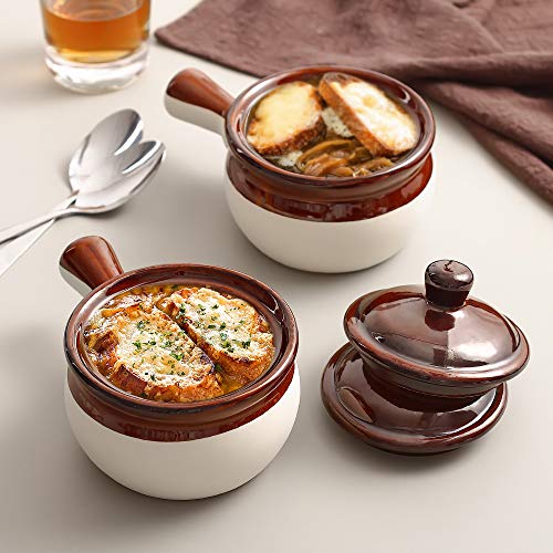 LIFVER French Onion Soup Bowls, 18 Oz French Onion Soup Crocks Oven Safe, Soup Crocks with Handles and Lids, Ceramic Soup Bowls for Soup, Stew, Chilli, Set of 4