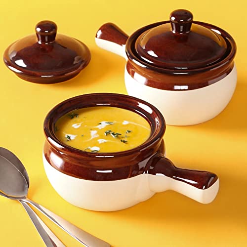 LIFVER French Onion Soup Bowls, 18 Oz French Onion Soup Crocks Oven Safe, Soup Crocks with Handles and Lids, Ceramic Soup Bowls for Soup, Stew, Chilli, Set of 4