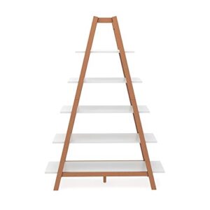 Nathan James Carlie 5-Shelf Bookcase Display or Decorative Storage Rack with Rove Wooden Ladder Shelves, White/Brown