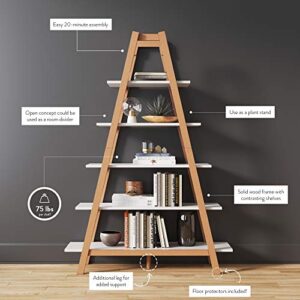 Nathan James Carlie 5-Shelf Bookcase Display or Decorative Storage Rack with Rove Wooden Ladder Shelves, White/Brown