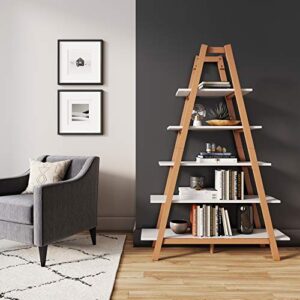 Nathan James Carlie 5-Shelf Bookcase Display or Decorative Storage Rack with Rove Wooden Ladder Shelves, White/Brown