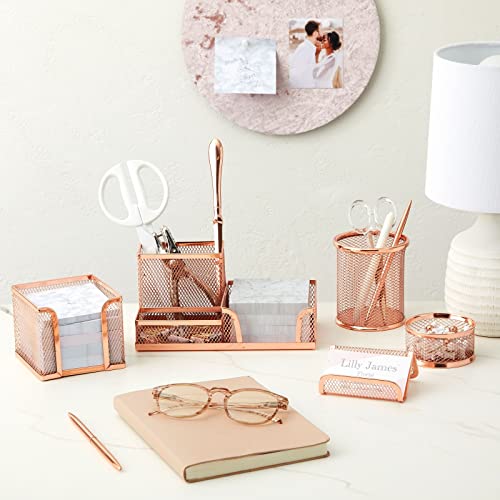 Rose Gold Desk Organizer Set for Home and Office Supplies, Accessories with Pen, Pencil, Business Card, Note, and Clip Holders