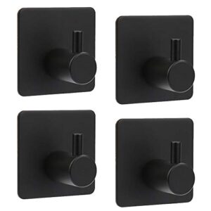 shineme adhesive hooks, heavy duty 304 stainless steel wall hangers for hanging coats key towel hooks for bathrooms door kitchen office home (black, 4 pack)