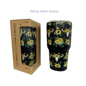 JIU HONG CHAO 30oz Sunflower Stainless Steel Tumblers Travel Cofee Mugs with Lid Sun Flower Cups Cow Skull Insulated Cup Sunflower Gifts for Women Adults (Bullskull flower)