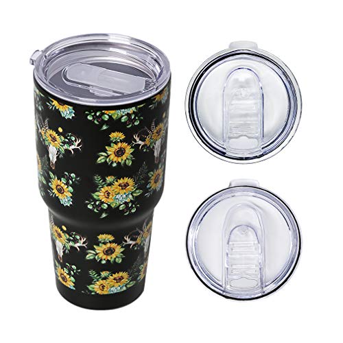 JIU HONG CHAO 30oz Sunflower Stainless Steel Tumblers Travel Cofee Mugs with Lid Sun Flower Cups Cow Skull Insulated Cup Sunflower Gifts for Women Adults (Bullskull flower)