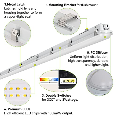 hykolity 8FT LED Vapor Tight Light, 65/75/90W Vapor Light Fixture, [4-lamp F32T8 Equiv.] 3000K/4000K/5000K CCT Selectable, 130lm/W, Waterproof Shop Light for Parking Carport Car Wash, 2 Pack