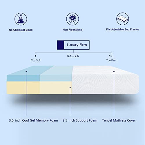 Sunrising Bedding 12" Gel Memory Foam Mattress Full Size, Firm, No Harmful Chemicals, No Fiberglass, Adjustable Bed Frame Compatible