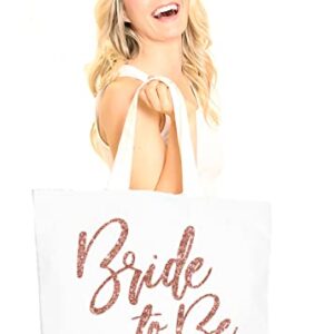 RhinestoneSash Rose Gold Bride Bag - Jumbo Size 18" x 14" Glam Bride To Be Wedding Tote Bag- Bridal Gift Totes, Bridal Shower Gifts Tote(GlamB2B RsG) Wht