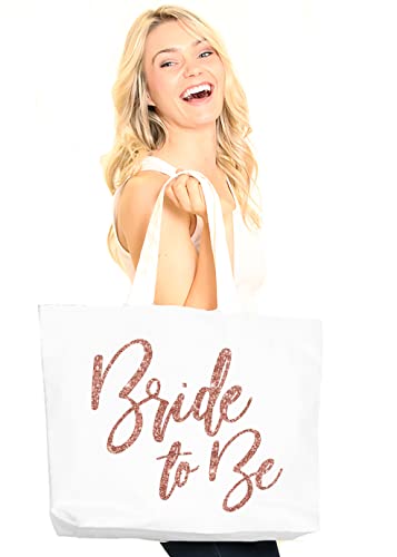 RhinestoneSash Rose Gold Bride Bag - Jumbo Size 18" x 14" Glam Bride To Be Wedding Tote Bag- Bridal Gift Totes, Bridal Shower Gifts Tote(GlamB2B RsG) Wht