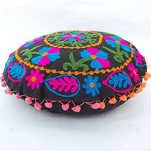 Traditional Jaipur Boho Throw Round Suzani Cushion, Embroidered Pillows 16", Decorative Throw Pillow Cases, Indian Pom Pom Outdoor Cushions, Boho Pillow Shams