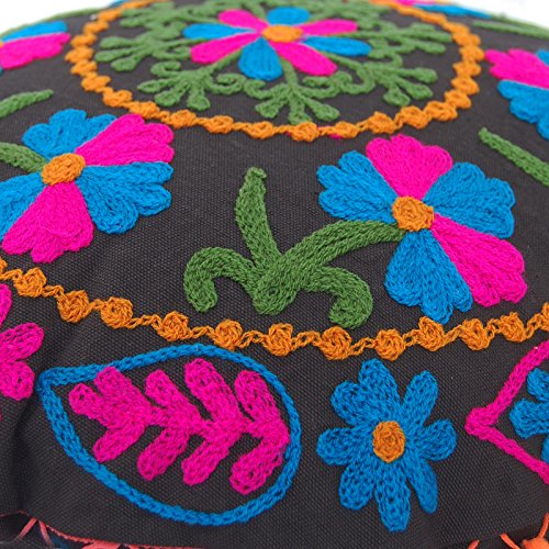 Traditional Jaipur Boho Throw Round Suzani Cushion, Embroidered Pillows 16", Decorative Throw Pillow Cases, Indian Pom Pom Outdoor Cushions, Boho Pillow Shams