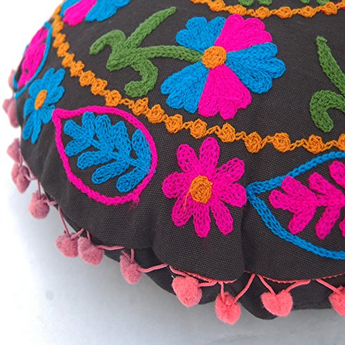 Traditional Jaipur Boho Throw Round Suzani Cushion, Embroidered Pillows 16", Decorative Throw Pillow Cases, Indian Pom Pom Outdoor Cushions, Boho Pillow Shams