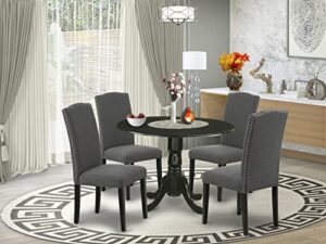 east west furniture dlen5-blk-20 5pc round 42" kitchen table with two 9-inch drop leaves and four parson chair with black leg and linen fabric dark gotham grey, 5