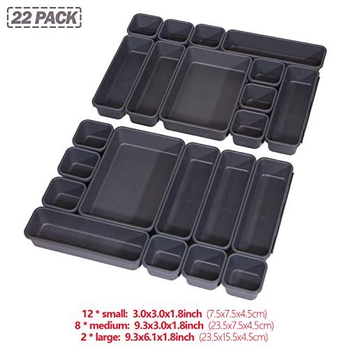 Set of 22 Interlocking Desk Drawer Organizer Tray Dividers Plastic Shallow Narrow Drawers Organizers Separators and Storage Bins Container for Kitchen Bathroom Makeup Office Vanity Bedroom Dresser