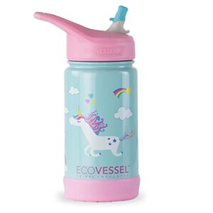 ecovessel frost stainless steel kids water bottle with straw lid, leak proof bottle with carry handle & bottle bumper, kids water bottle for school - 12oz (unicorn)