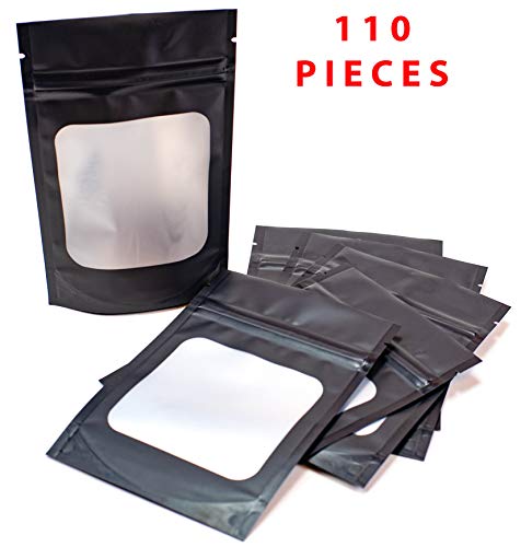 PROGRESS Online » Stand up bottom 110 Pieces Smell Proof Thick Black Mylar Resealable Foil Bags With Window Airtight Ziplock Top Heat Sealable Food Safe Matte Black (4X6 inches)