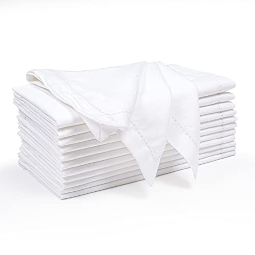 12-Pack Hemstitched Dinner Napkins Oversized 20x20 - Cotton Fabric Tailored with Mitered Corner - Ideal for Events and Regular Use - White