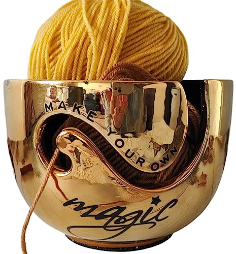 Ceramic Yarn Bowl for Crochet and Knitting Accessories - Best Yarn Holder - Fits Extra Large Yarn Ball or 4 to 5 Small Balls - for Knitters and Crocheters 6.5’’ x 4.5" (Gold/Black)