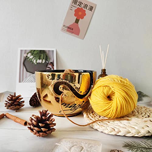 Ceramic Yarn Bowl for Crochet and Knitting Accessories - Best Yarn Holder - Fits Extra Large Yarn Ball or 4 to 5 Small Balls - for Knitters and Crocheters 6.5’’ x 4.5" (Gold/Black)