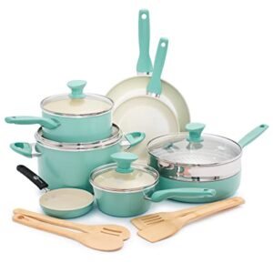 greenpan rio healthy ceramic nonstick 16 piece cookware pots and pans set, pfas-free, dishwasher safe, turquoise