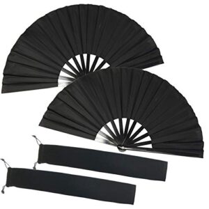 tihood 2pcs large folding silk hand fan hand folding fans chinese tai chi folding fan for men and women performance, dance, decorations, festival, gift (black x2)