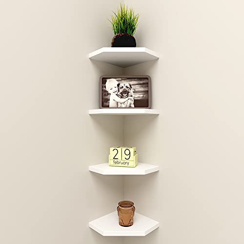 WELLAND 7-Inch Floating Corner Shelves Set of 2, Wall Mounted Storage Shelf with White Finish for Bedroom, Living Room, Bathroom, Display Shelf for Small Plant, Photo Frame, Toys and More