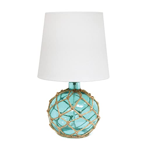 Elegant Designs LT1050-AQU Buoy Rope Nautical Netted Coastal Ocean Sea Glass Table Lamp with White Fabric Shade, Aqua