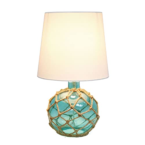 Elegant Designs LT1050-AQU Buoy Rope Nautical Netted Coastal Ocean Sea Glass Table Lamp with White Fabric Shade, Aqua