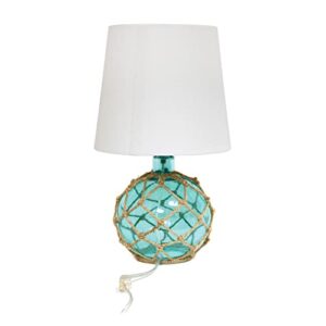 Elegant Designs LT1050-AQU Buoy Rope Nautical Netted Coastal Ocean Sea Glass Table Lamp with White Fabric Shade, Aqua