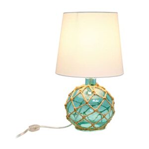 Elegant Designs LT1050-AQU Buoy Rope Nautical Netted Coastal Ocean Sea Glass Table Lamp with White Fabric Shade, Aqua