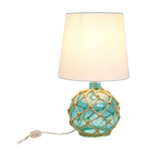 Elegant Designs LT1050-AQU Buoy Rope Nautical Netted Coastal Ocean Sea Glass Table Lamp with White Fabric Shade, Aqua