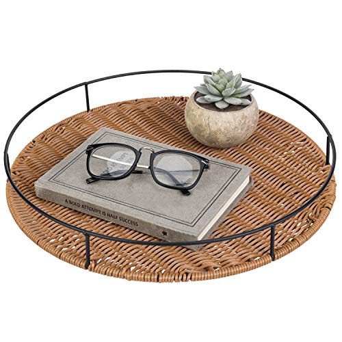 MyGift 15 Inch Round Brown Woven Rattan Decorative Serving Display Tray with Metal Frame Handles