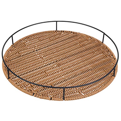 MyGift 15 Inch Round Brown Woven Rattan Decorative Serving Display Tray with Metal Frame Handles