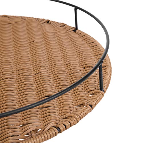 MyGift 15 Inch Round Brown Woven Rattan Decorative Serving Display Tray with Metal Frame Handles