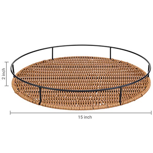 MyGift 15 Inch Round Brown Woven Rattan Decorative Serving Display Tray with Metal Frame Handles