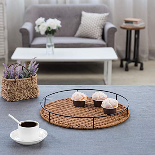 MyGift 15 Inch Round Brown Woven Rattan Decorative Serving Display Tray with Metal Frame Handles